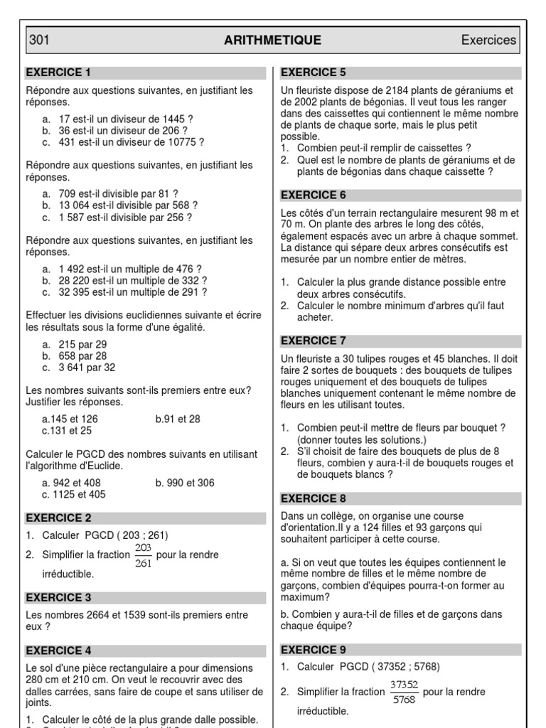Exercices d'arithmétique et PGCD | PDF | Algèbre générale | Arithmétique