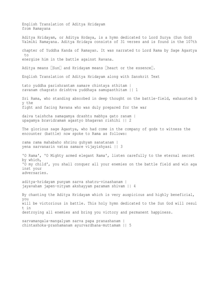 English Translation of Aditya Hridayam From Ramayana | PDF | Hindu ...