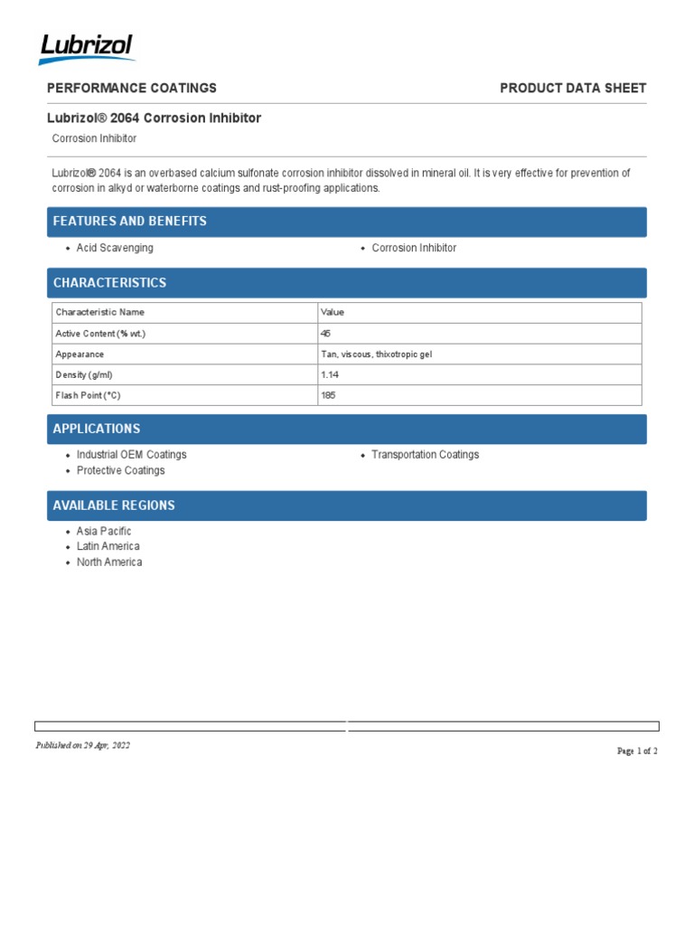 Performance Coatings Product Data Sheet Lubrizol® 2064 Corrosion ...