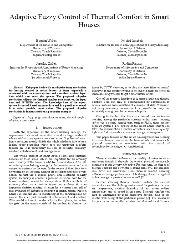 Adaptive Fuzzy Control of Thermal Comfort in Smart Houses | PDF | Fuzzy Logic | Temperature