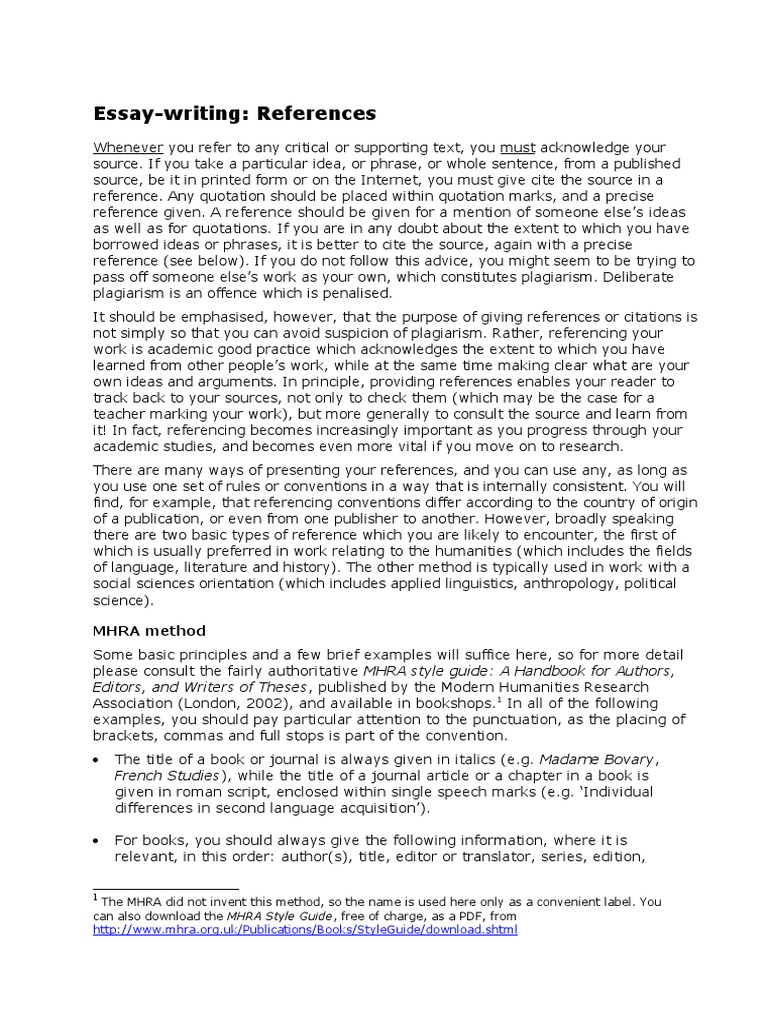 Essay-Writing: References: MHRA Method | PDF | Plagiarism | Citation