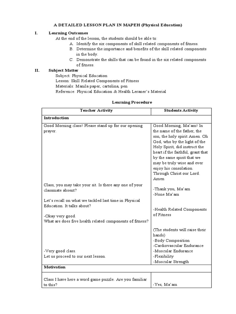 Skill Components Fitness Lesson Plan | PDF | Physical Education ...