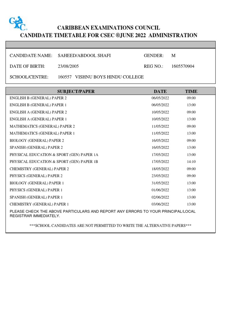 Caribbean Examinations Council Candidate Timetable For Csec ®june 2022 ...