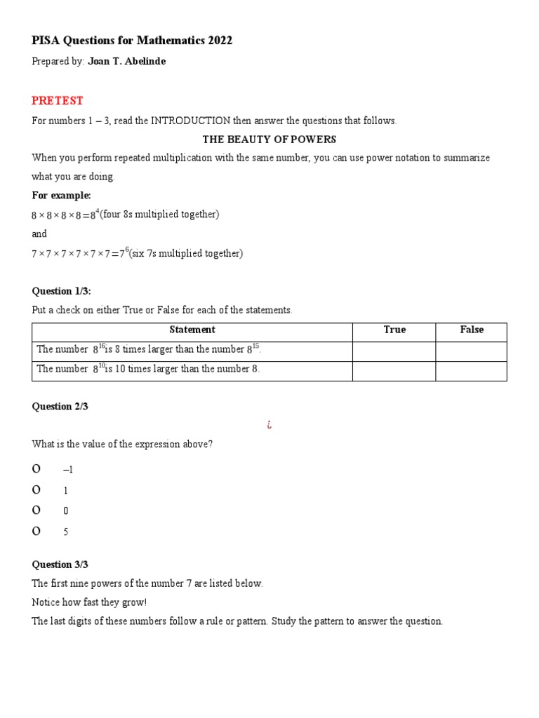 Pretest PISA Questions For Mathematics 2022 | PDF | Wind Power | Speed