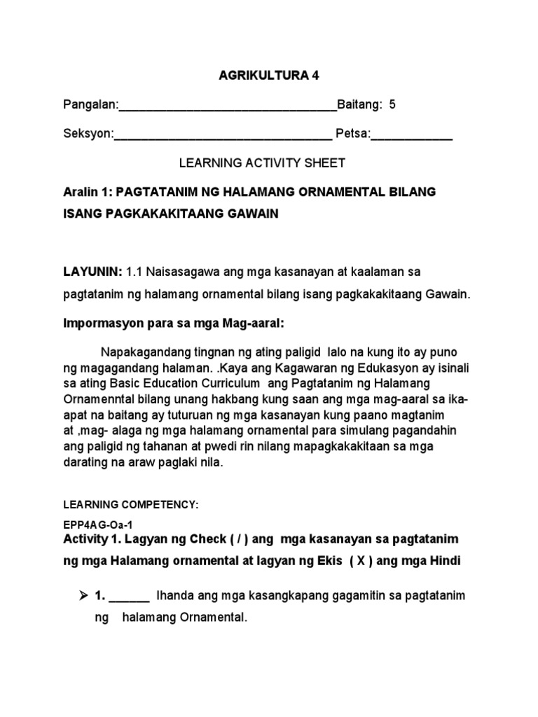 Learning Activity Sheets in Epp q1 Agriculture | PDF