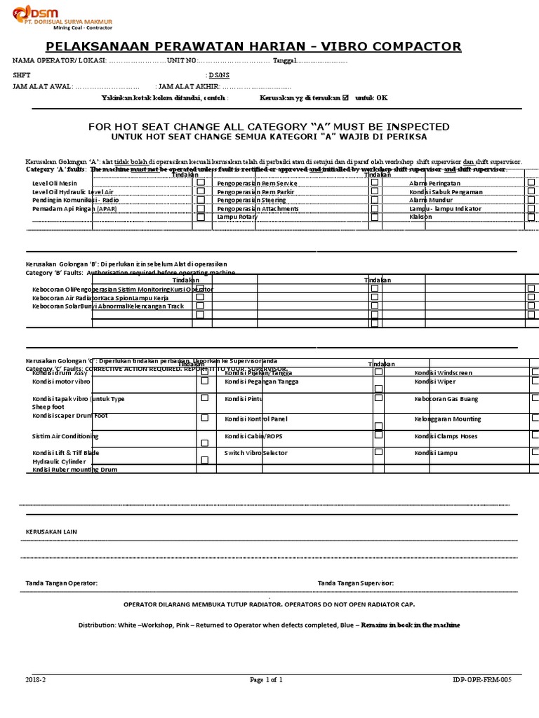 Formulir P2H untuk Vibro Compactor | PDF