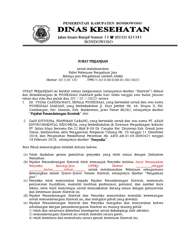 Mou Kontrak Pt. Aei Dan Dinas Kesehatan Bondowoso (Puskesmas Maesan) | PDF
