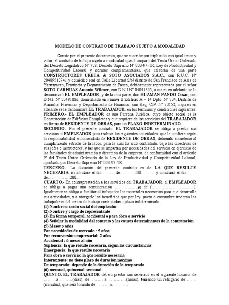 Modelo de Contrato de Trabajo Sujeto A Modalidad | PDF | Derecho laboral | Salario