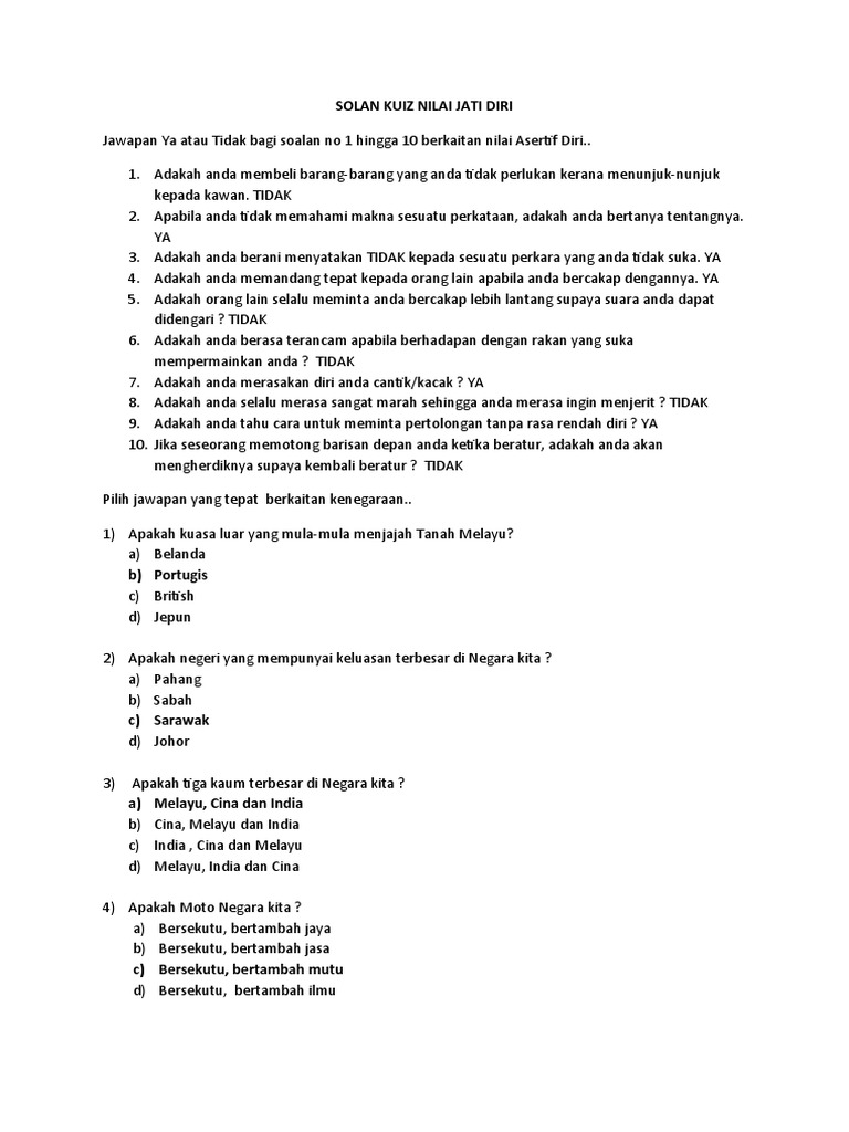 Solan Kuiz Nilai Jati Diri | PDF