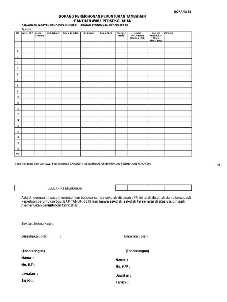 Borang B1 Borang Permohonan Peruntukan Tambahan Bantuan Awal Persekolahan | PDF