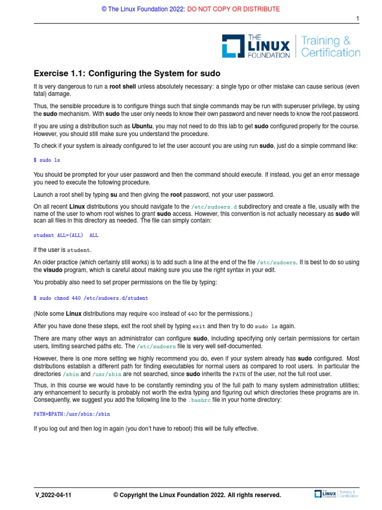 Exercise 1.1: Configuring The System For Sudo: /etc/sudoers.d | PDF | Sudo | Superuser