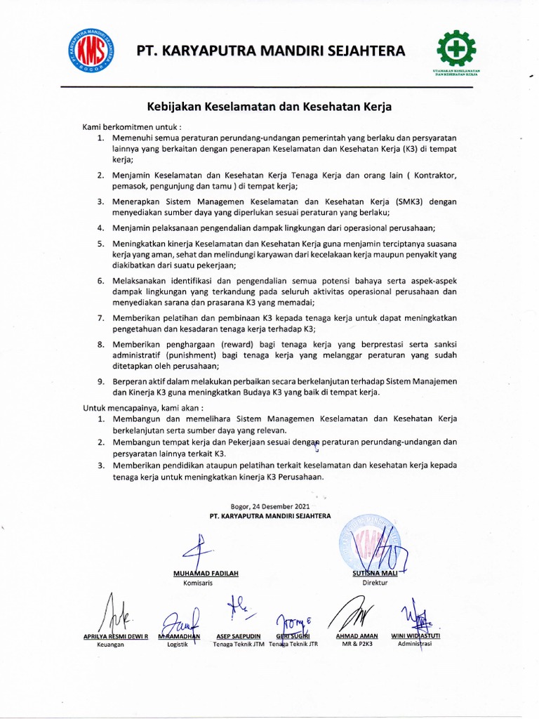 Kebijakan K3 KMS | PDF