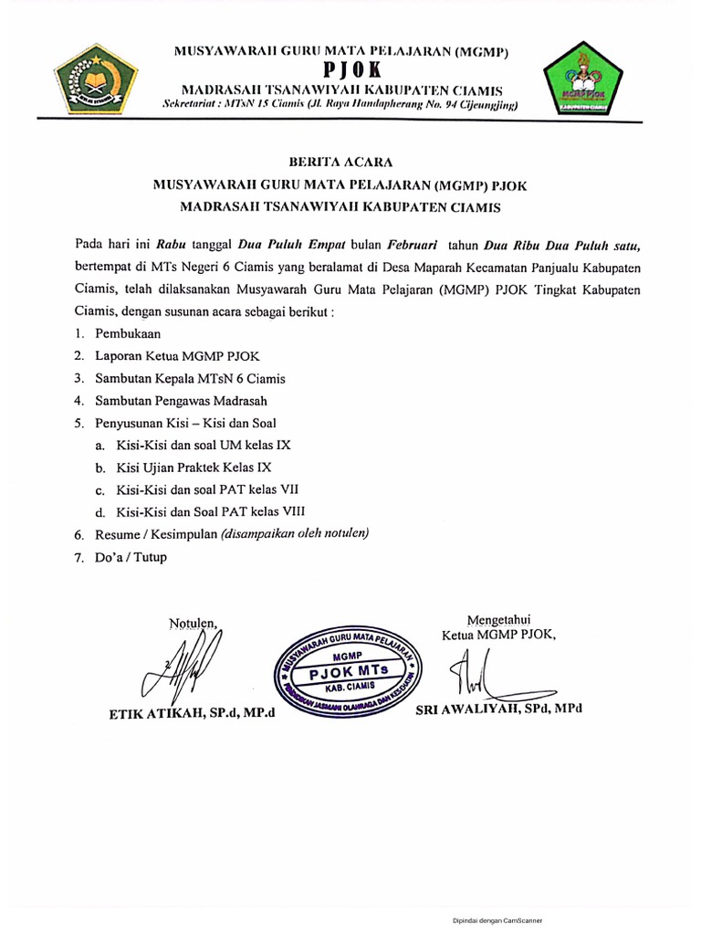 Berita Acara, Notulen Dan Daftar Hadir MGMP Pjok | PDF