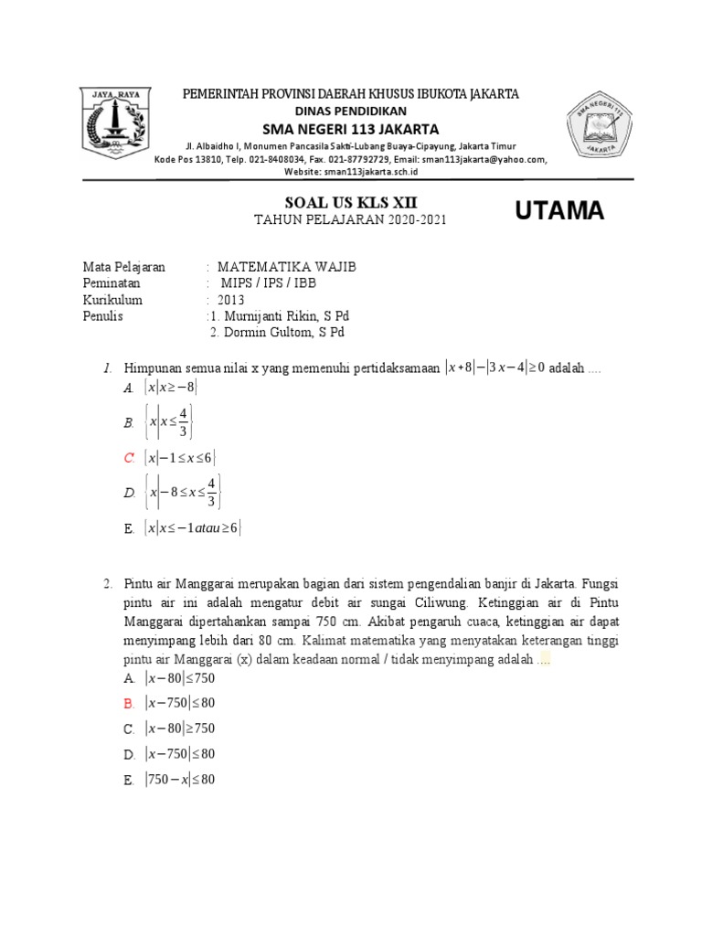 Us Matematika Wajib 2021 Utama SDH Gabung | PDF