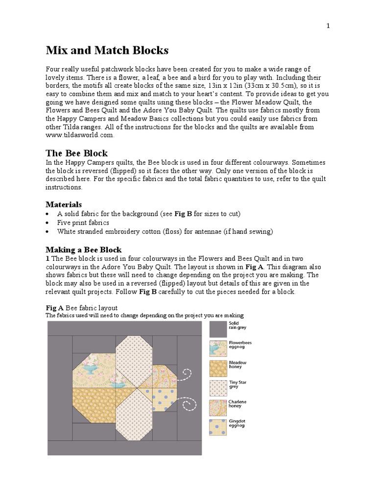 Mix and Match Blocks: The Bee Block | PDF | Quilt | Sewing