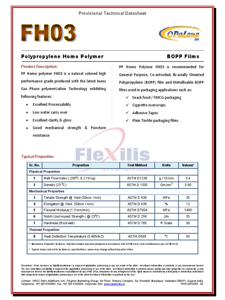 Polypropylene Homo Polymer BOPP Films: Provisional Technical Datasheet ...