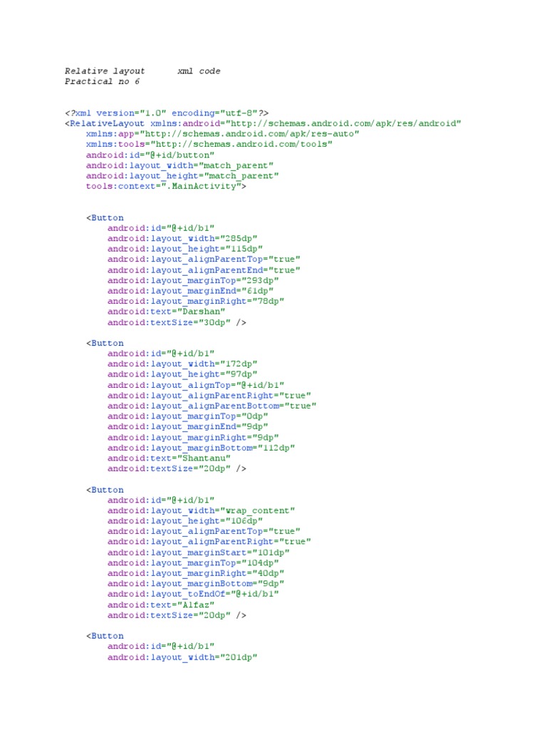 Relativelayout: Relative Layout XML Code Practical No 6 | Download Free PDF | Computing | Mobile ...