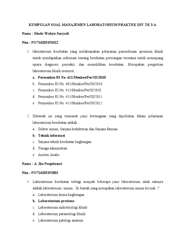 Kumpulan Soal Manajemen Laboratorium Praktek Kelas Div TK 3 A | PDF