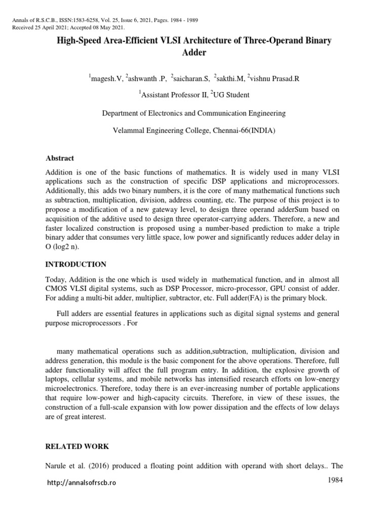 High-Speed Area-Efficient VLSI Architecture of Three-Operand Binary Adder | PDF | Electrical ...