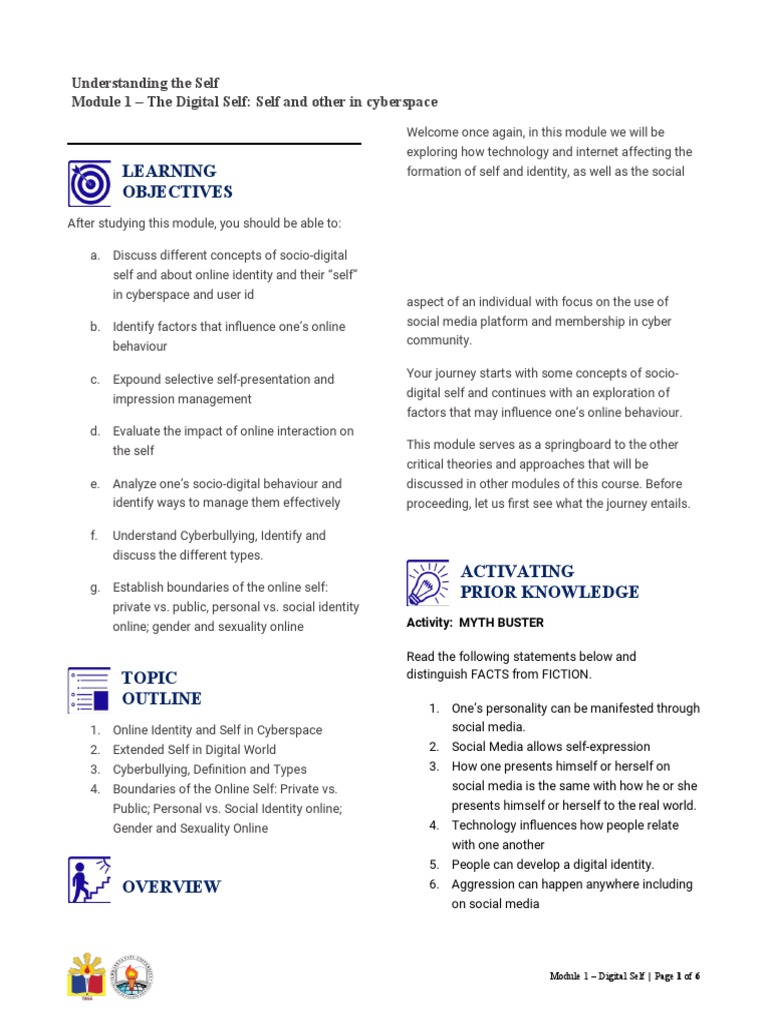 Learning Objectives: Understanding The Self Module 1 - The Digital Self ...