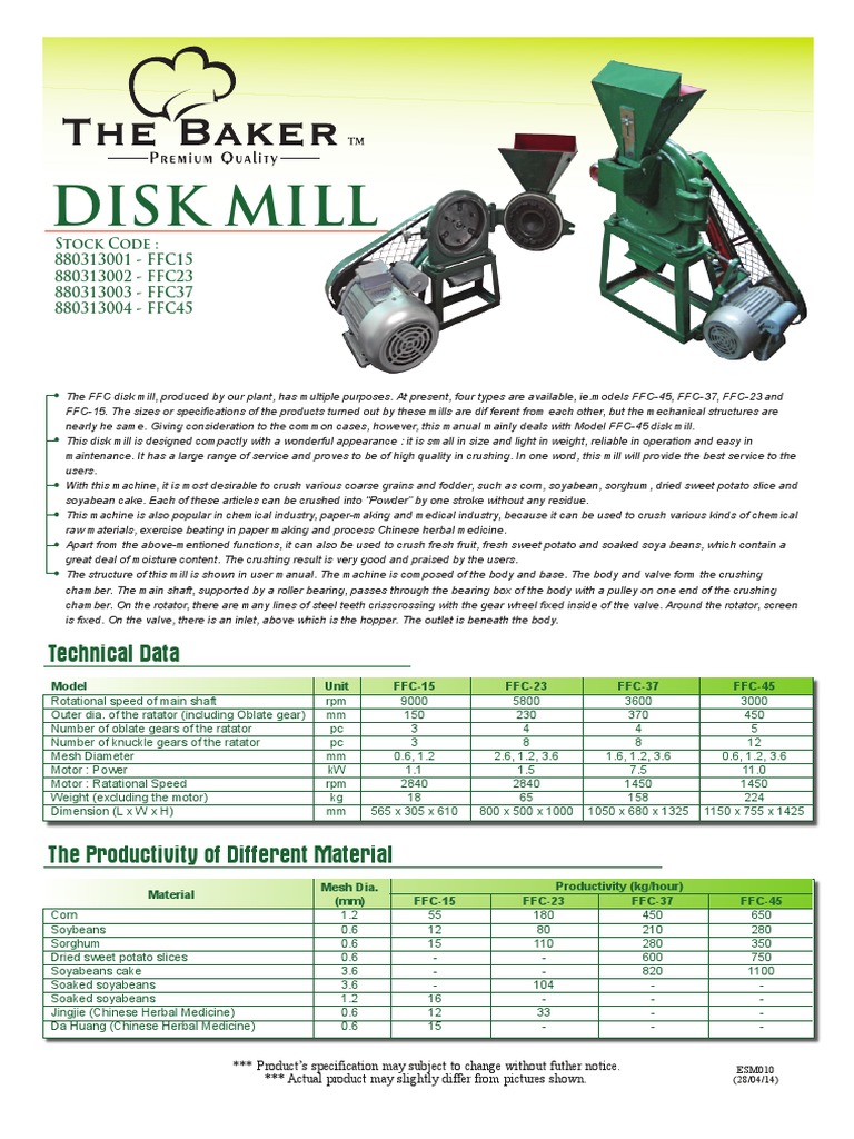 The Baker Disk Mill FFC 15 | PDF | Gear | Soybean
