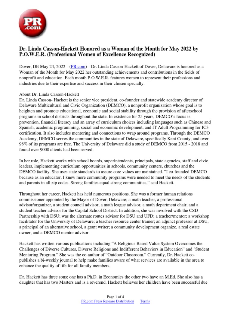 Dr. Linda Casson-Hackett Honored As A Woman of The Month For May 2022 ...