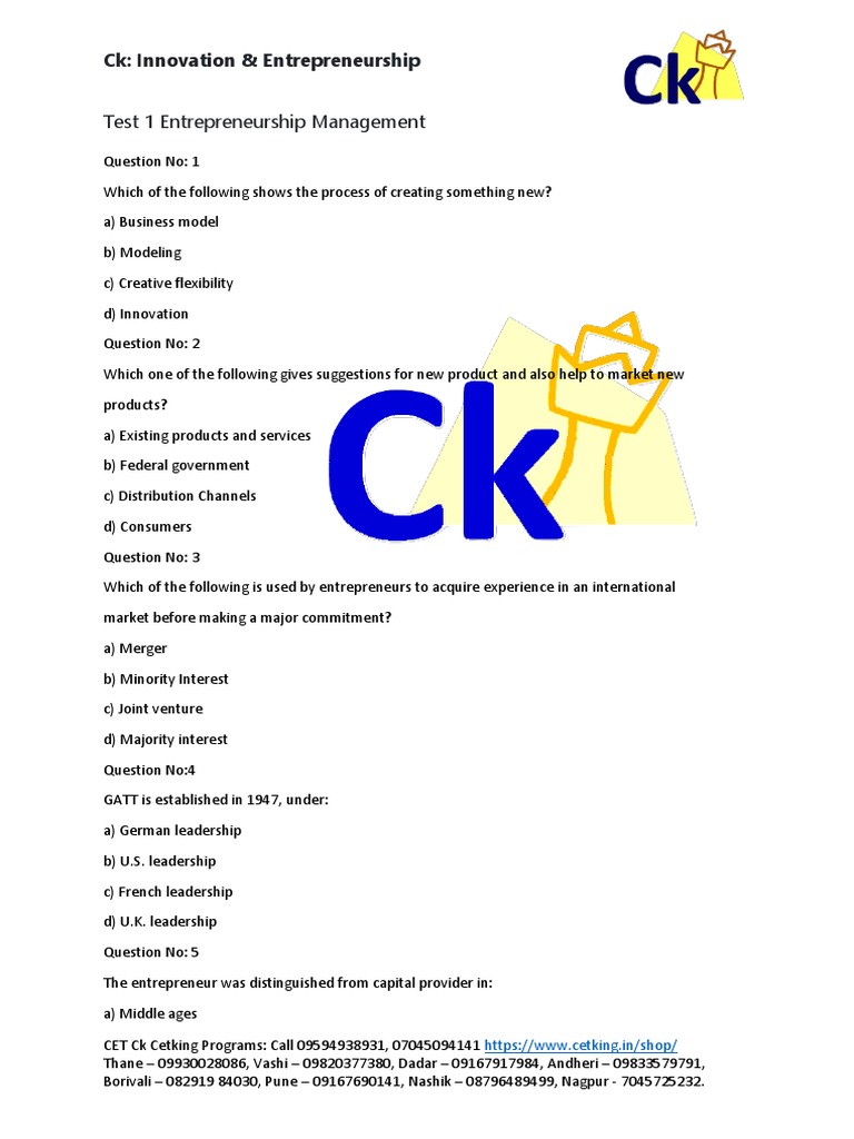 Entrepreneurship 60 Must Do Questions On CMAT NTA NET Innovation and Entrepreneurship Management ...