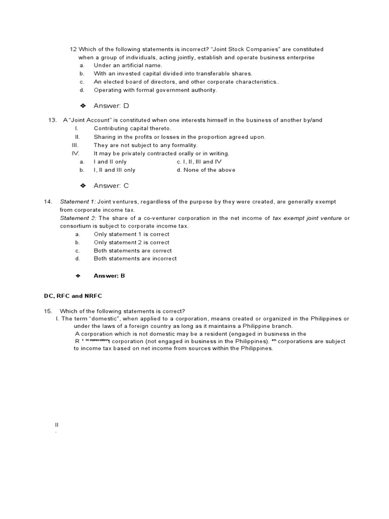 Answer: D: Statement 2: The Share of A Co-Venturer Corporation in The ...