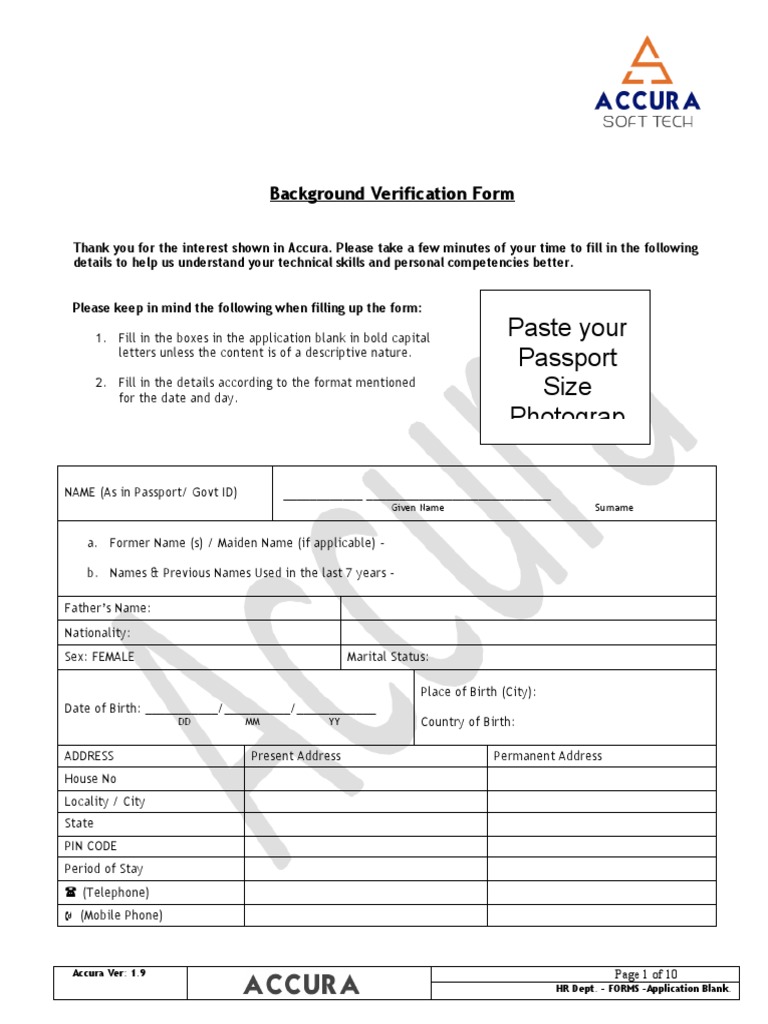 Accura Background Verification Form | PDF | Employment | Common Law
