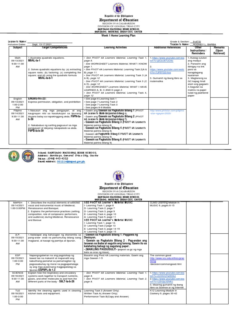 9 ATIS Weekly Home Learning Plan Q1 W1 | PDF | Quadratic Equation ...