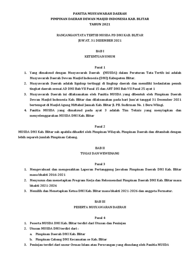 Rancangan Tatib Musda Dmi 2021 Blitar | PDF