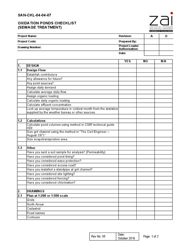 Oxidation Ponds Design Checklist | PDF | Sewage Treatment | Civil ...