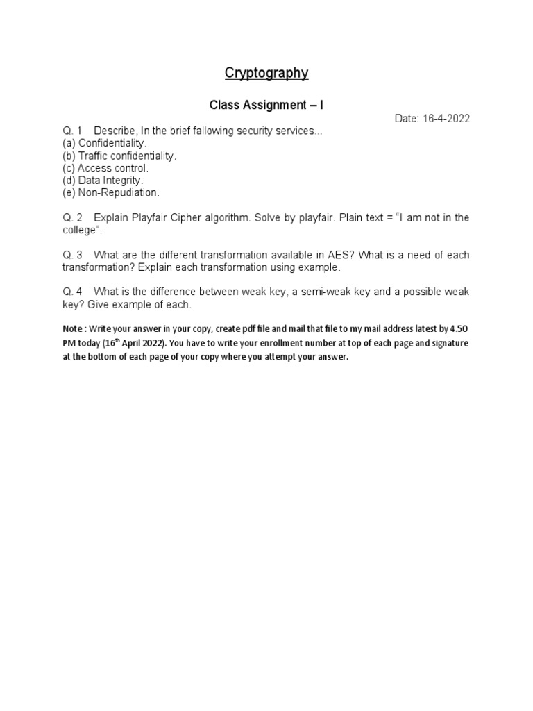 Cryptography Class Assignment - I | PDF