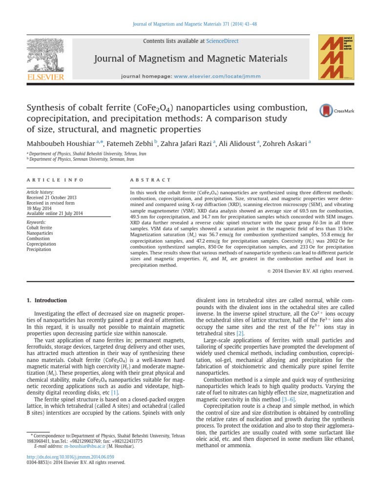 Synthesis of Cobalt Ferrite (CoFe2O4) Nanoparticles Using Combustion, Coprecipitation, and ...