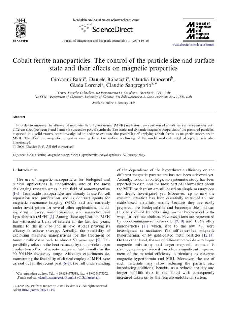 Cobalt Ferrite Nanoparticles: The Control of The Particle Size and ...