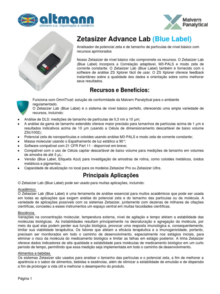 Analisador Zetasizer Advance Lab Blue | PDF | Medição | Biologia