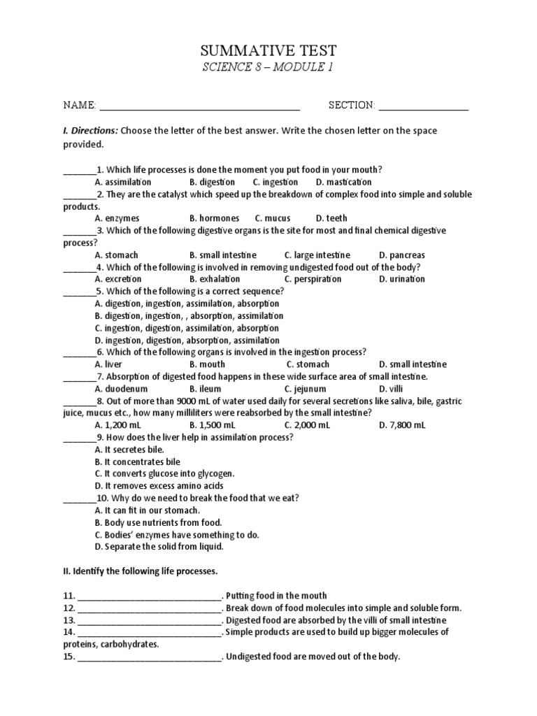 Summative Test: Science 8 - Module 1 | PDF | Digestion | Small Intestine