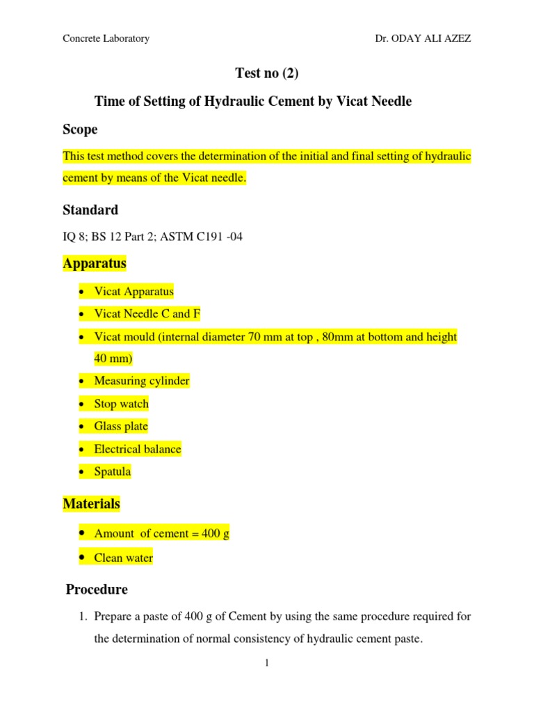 Vicat Needle Test for Cement Setting | PDF | Cement | Concrete