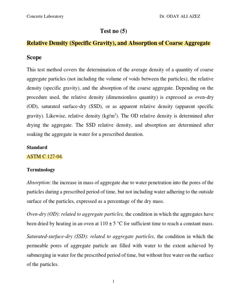 Specific Gravity of Coarse Aggregate (Highllight) | PDF | Density ...