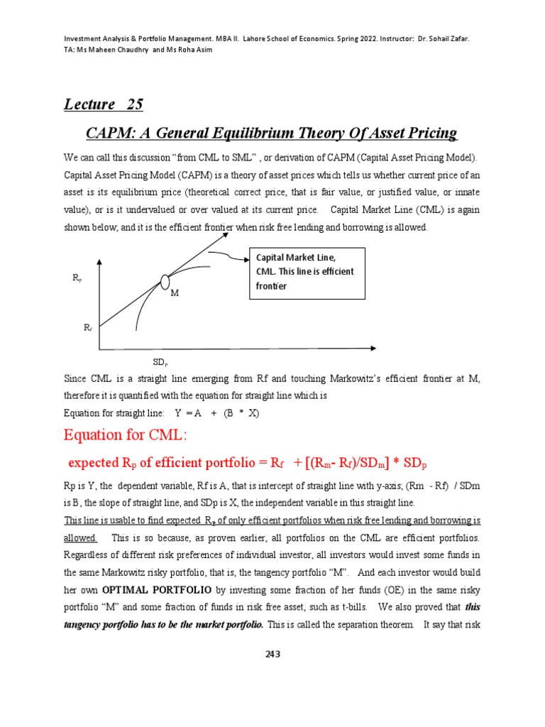CAPM: A General Equilibrium Theory of Asset Pricing: Equation For CML ...