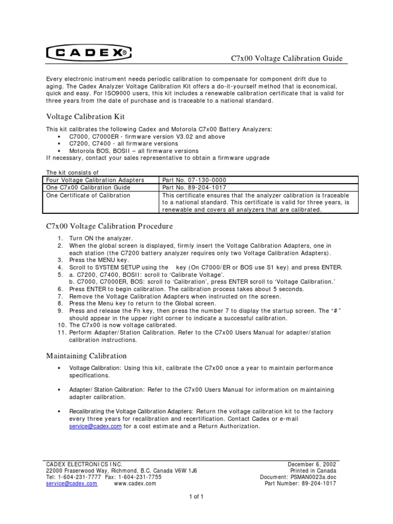 C7x00 Voltage Calibration Guide: Cadex Electronics Inc | PDF | Calibration | Computing