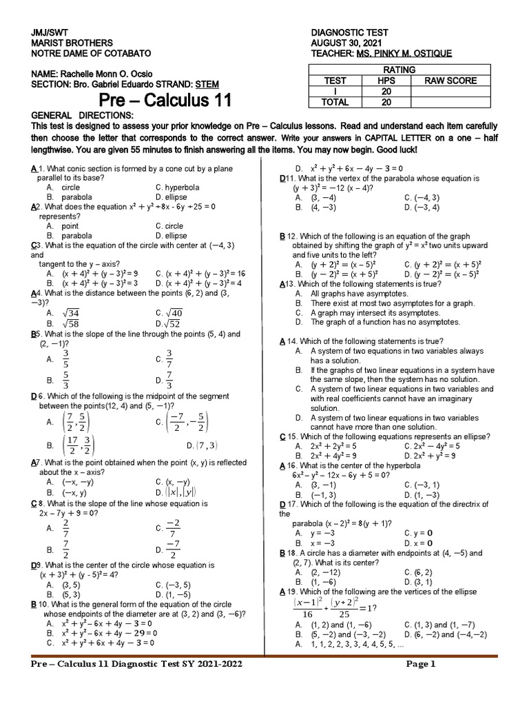 Pre - Calculus 11 Diagnostic Test SY 2021-2022 | PDF | Euclidean Plane ...