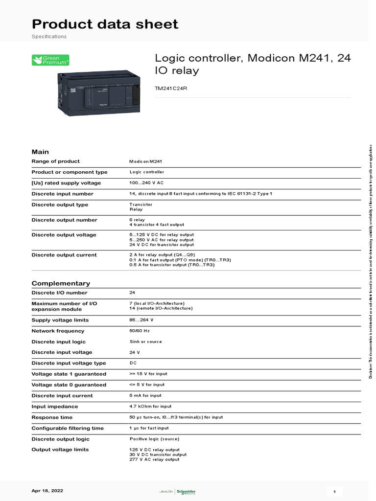 Product Data Sheet: Logic Controller, Modicon M241, 24 IO Relay | PDF ...
