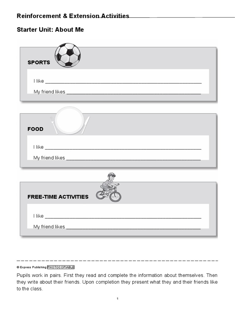Reinforcement & Extension Activities Starter Unit: About Me: Sports ...