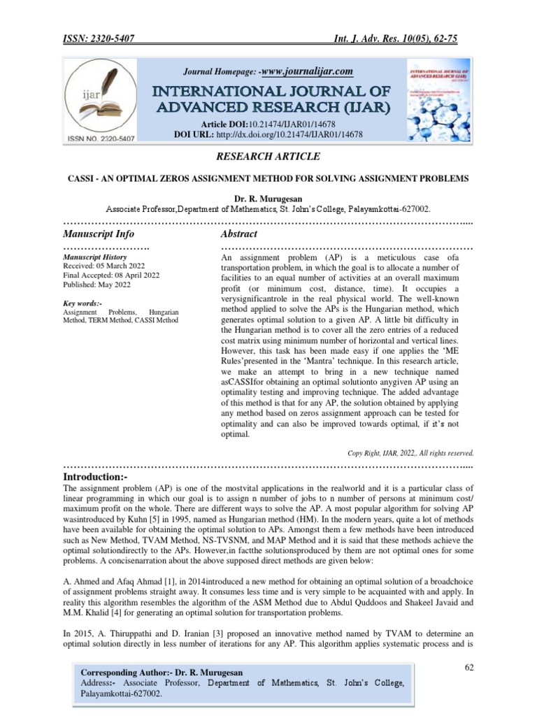 Cassi - An Optimal Zeros Assignment Method For Solving Assignment Problems | PDF | Mathematical ...