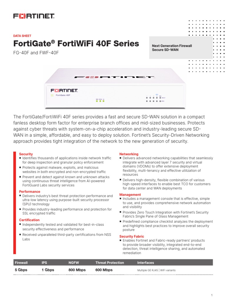 Fortigate Fortiwifi 40F Series: Data Sheet | PDF | Computer Network ...