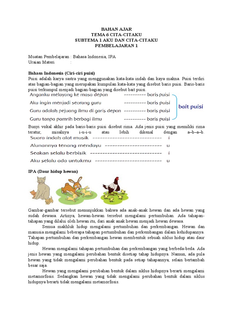 Bahan Ajar Kelas 4 Tema 6 Sub 1 Pemb 1 | PDF