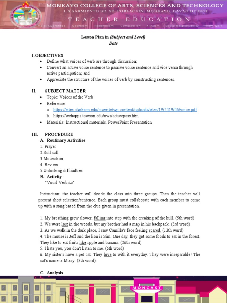 SAMPLE 4a's LESSON PLAN | PDF | Subject (Grammar) | Verb