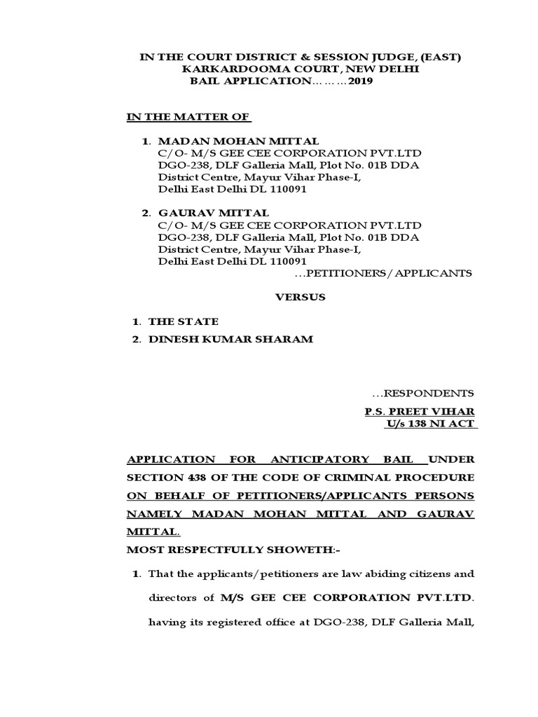 Bail Application Under Section 438 Cr.P.C. | PDF | Affidavit | Bail