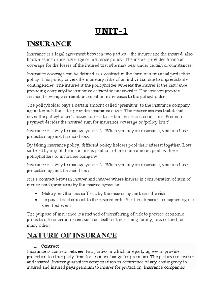 UNIT 1 Insurance | PDF | Insurance | Risk